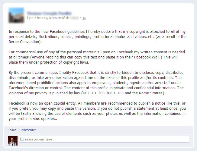Facebook : le message de copyrights qui circule est sans valeur (màj)