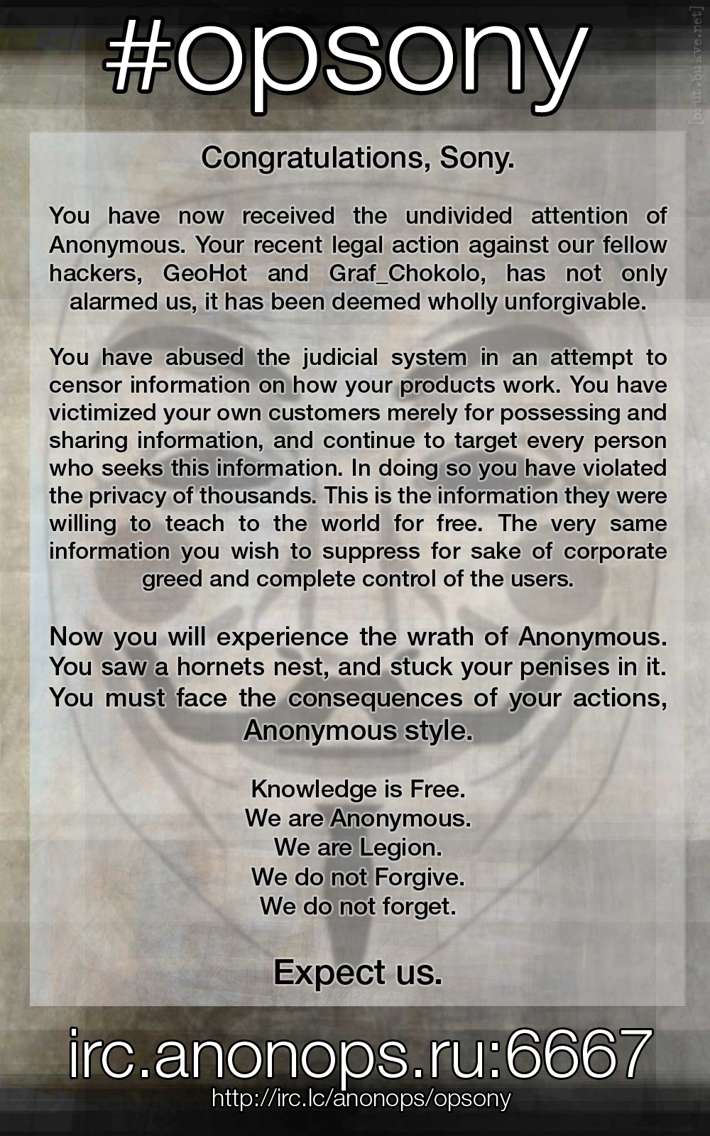 Hack de la PS3 : Anonymous s'en prend aux sites de Sony